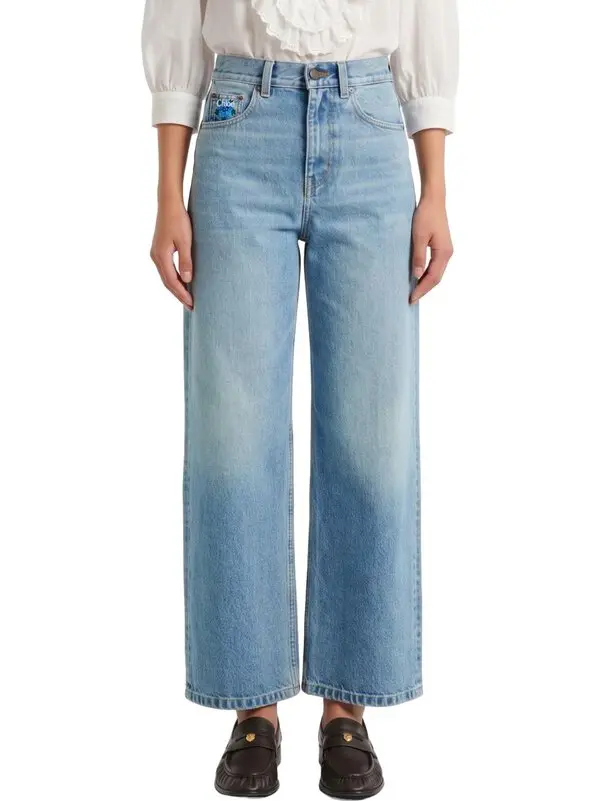 Chloé Mid-rise Wide-leg Jeans In Cotton Denim With Embroidery - Blue