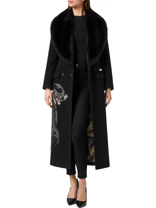 Philipp Plein Double-breasted Long Coat In Wool And Cashmere With Fur Collar - Black
