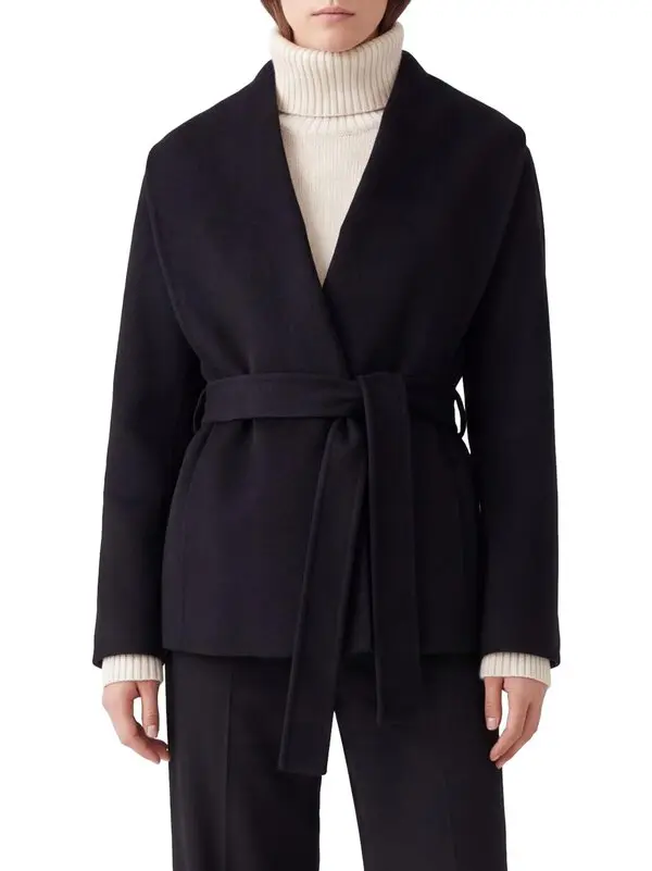 Calvin Klein Short Wool Blend Robe Coat With Tie-waist Belt - Black