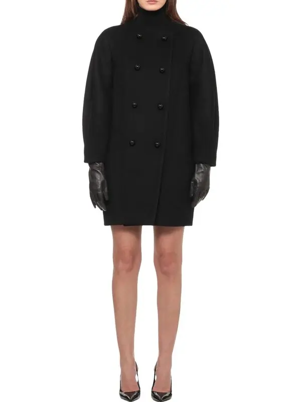 Carolina Herrera Double-breasted Short Coat In 100% Wool With Crew Neck - Black