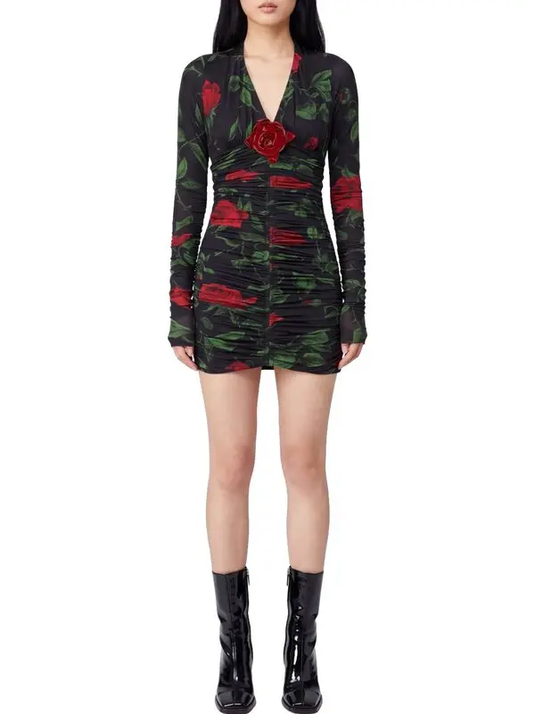 Blumarine Draped Sheath Mini Dress With Floral Pattern And V-neck - Black