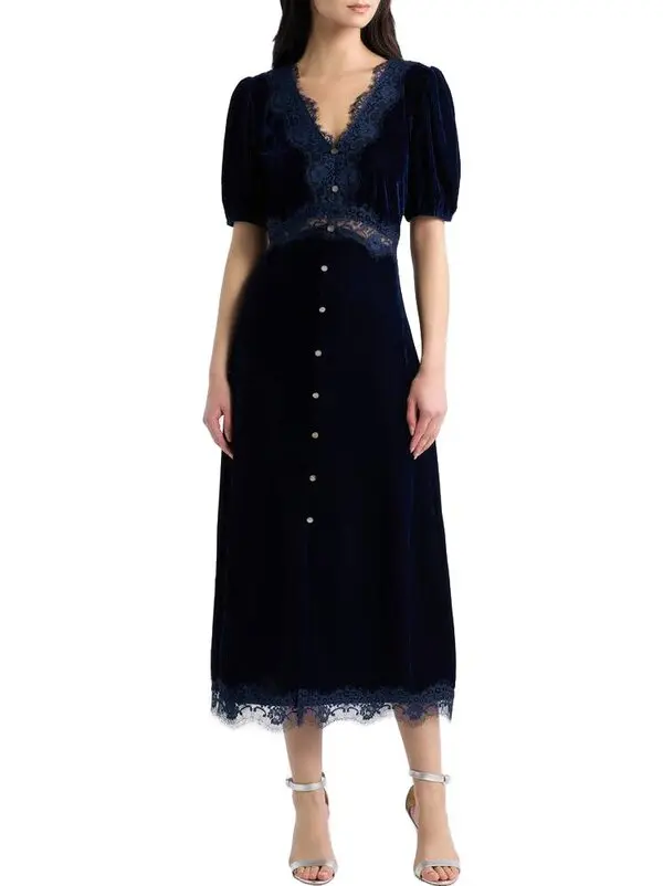 ZOE AND CLAIRE Velvet Lace Detail Midi Dress - Navy