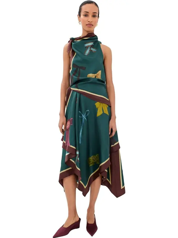 ALEMAIS Rosette Silk Scarf Midi Dress - Teal