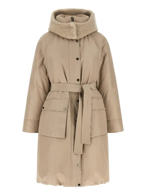 Brunello Cucinelli Belted Shearling-hood Coat - Beige
