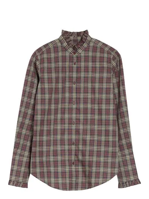 NILI LOTAN Elio Plaid Ruffle Band Collar Button-up Shirt - Rustic Check