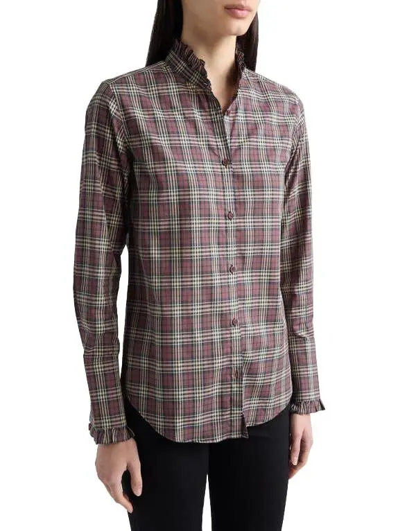 NILI LOTAN Elio Plaid Ruffle Band Collar Button-up Shirt - Rustic Check