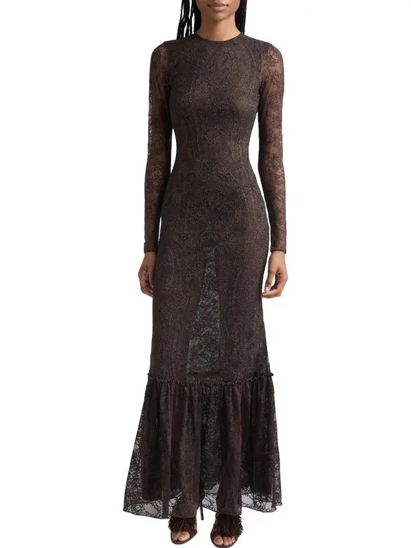 Etro Long Sleeve Lace Jersey Maxi Dress - Brown