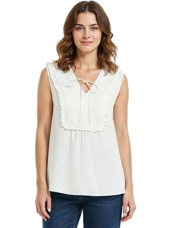 EXQUISE Chanler Sleeveless Tie Front Linen Blouse - Ecru