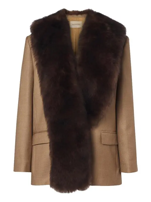 Valentino Garavani Shearling-trimmed Silk And Wool Jacket - Beige