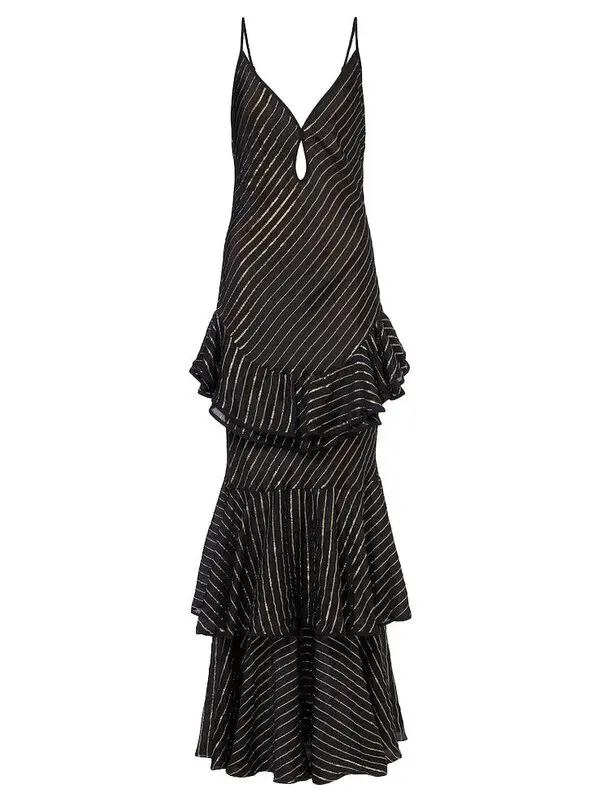 Johanna Ortiz Striped Tiered Silk-blend Gown - Black