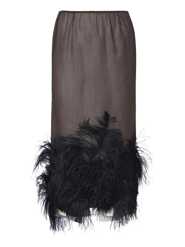 Attico Feather-trimmed Striped Midi Skirt - Black