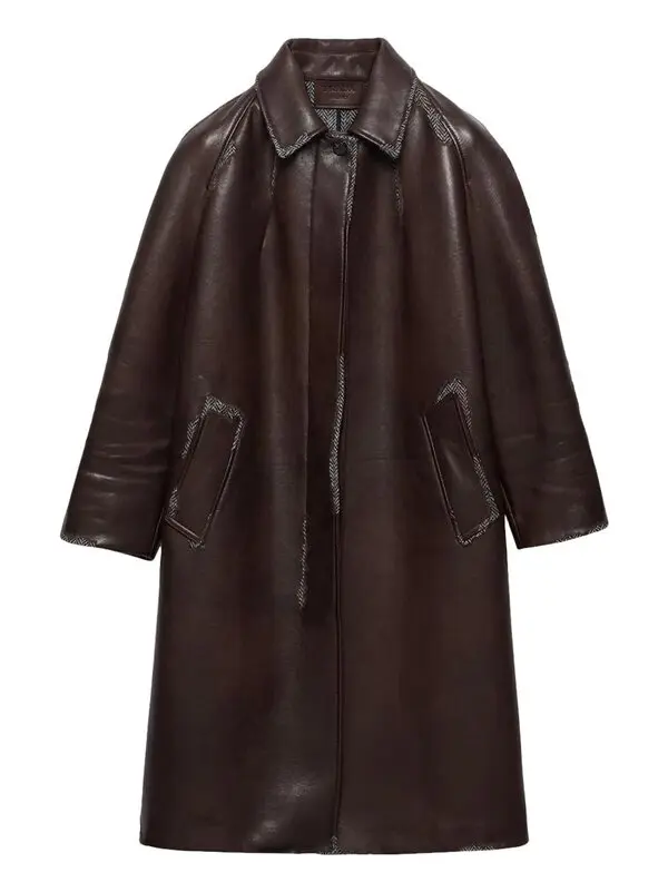 Prada Bonded Leather Houndstooth Long Coat - Bruciato