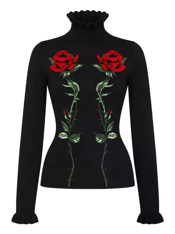 Blumarine Rose-embroidered Ruffled-trim Sweater - Black