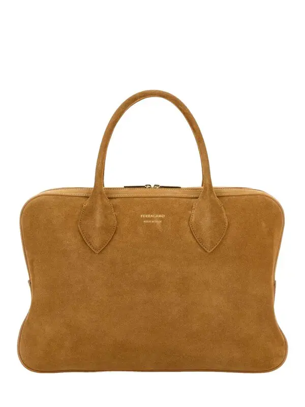 FERRAGAMO Suede Medium Handbag With Golden Hardware - Camel