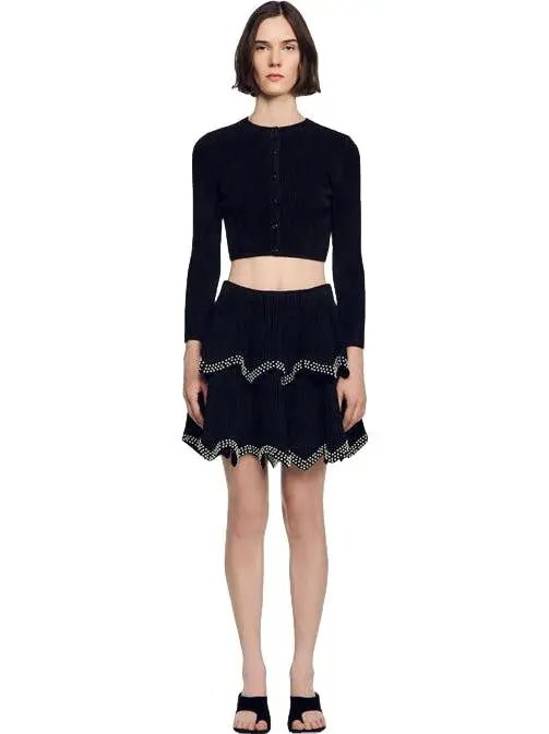 Sandro Velvet Skater Skirt With Pearls - Black