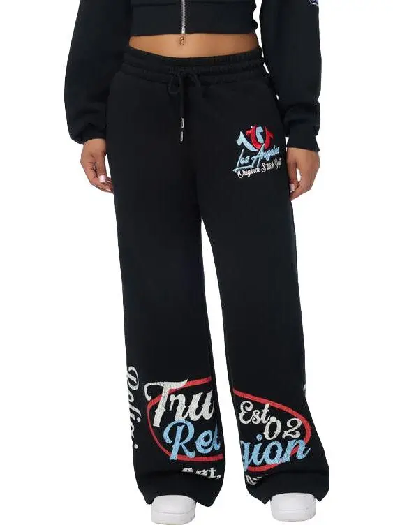 True Religion Embroidered Logo Wide Leg Cotton Blend Sweatpants - Jet Black