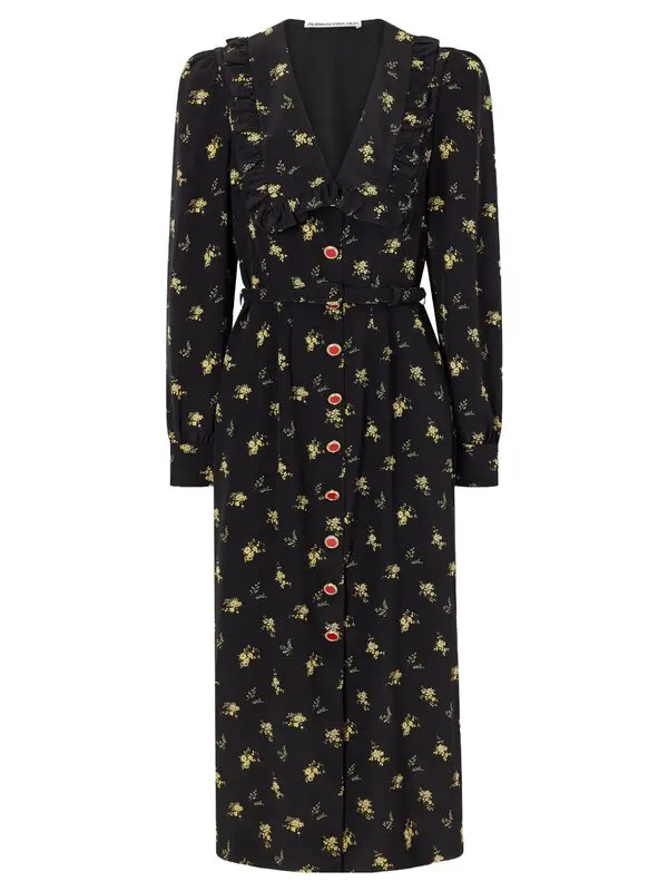 Alessandra Rich Belted Ruffled Floral-print Silk-crepe Midi Dress - Black