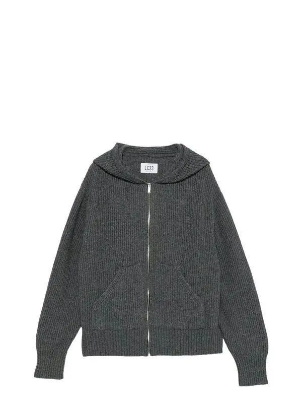 LC23 Ribbed-knit Zip-up Hoodie Sweater - Grey