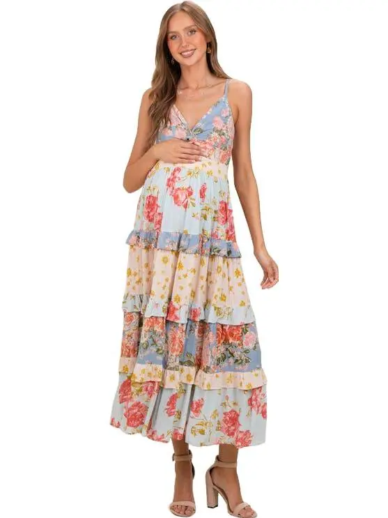 PINKBLUSH V Neck Twist Front Tiered Maxi Dress - Multi