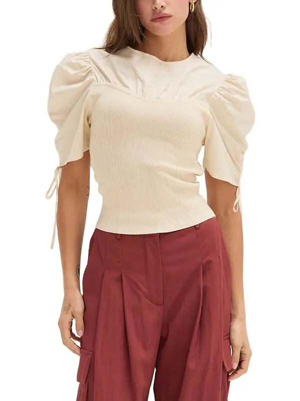 CRESCENT Mixed Media Shirred Sleeve Top - Egg Shell
