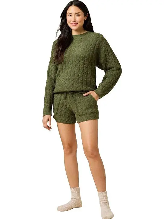 SOFTIES Cable Knit Marshmallow Crew Neck With Shorty Set - Olive