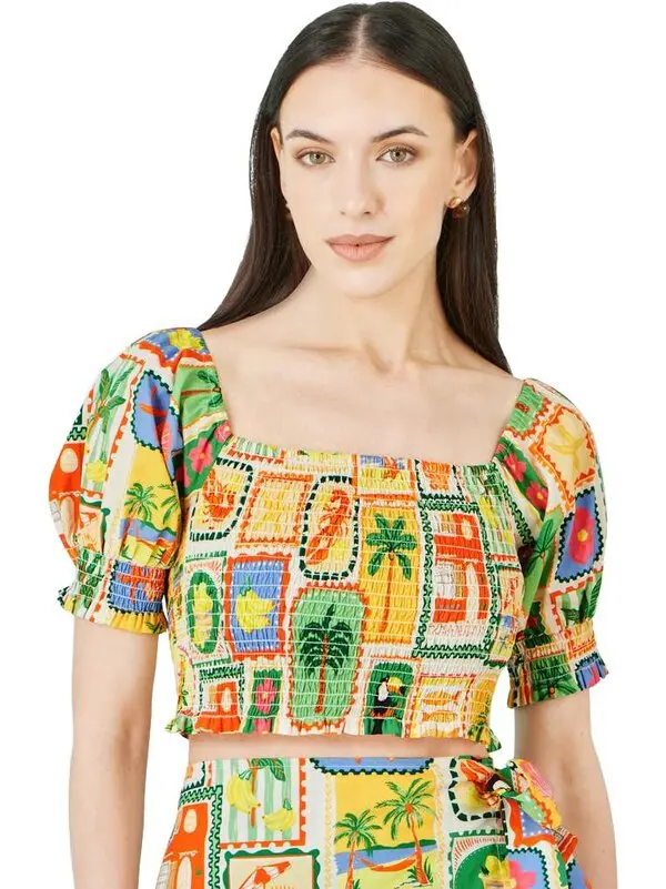 YUMI Cropped Shirred Postcard Print Top - Multi