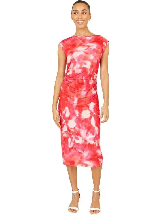 YUMI Mesh Ruched Bodycon Midi Dress - Red