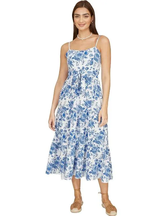 YUMI Floral Strappy Tie Front Midi Dress - Blue