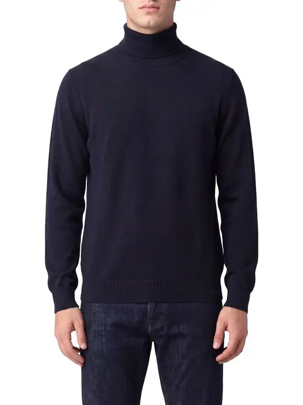 Fedeli Long-sleeved Turtleneck Jumper In Pure Virgin Wool With Ribbed Trims - Blue