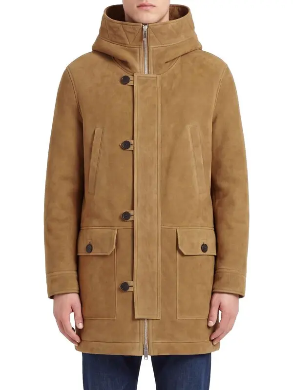 YVES SALOMON Single-breasted Suede Leather Hooded Coat - Brown
