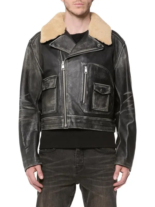 PURPLE BRAND Faux-shearling Collar Leather Moto Jacket - Black