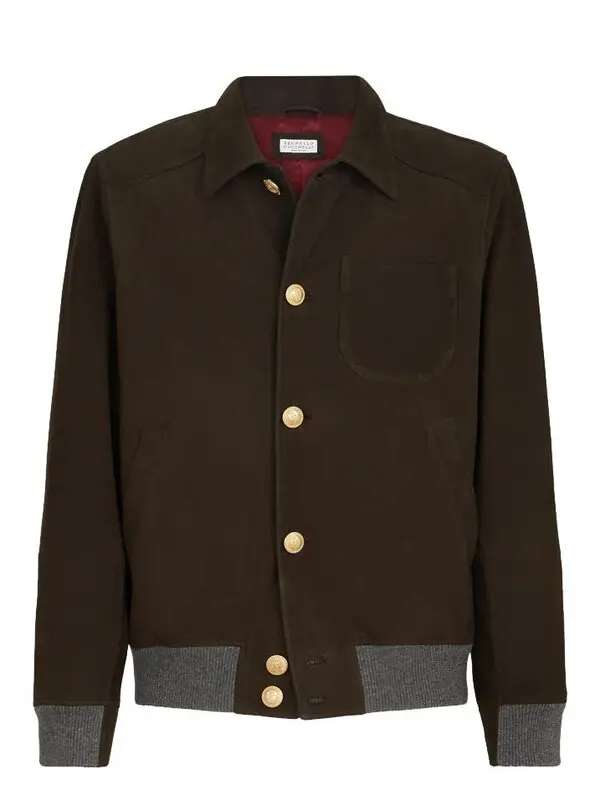 Brunello Cucinelli Nubuck Shirt-style Bomber Jacket With Cashmere Inserts And Metal Buttons - Rust Brown