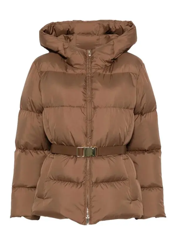 Max Mara Down Jacket With Hood, Zip Front & Waist Belt - Marrone