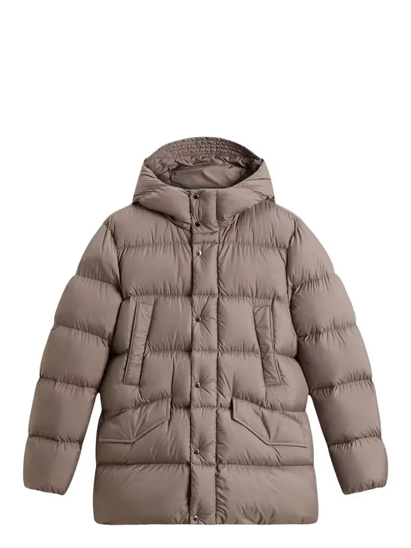 Woolrich Horizontal Quilted Hooded Puffer Jacket With Turtleneck & Adjustable Hem - Marrone