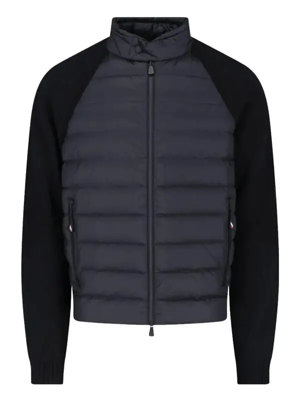 Moncler Down-filled Long Season Front Wool Sweater With Rib Knit And Snap Collar - Nero