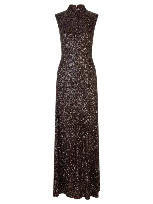 ROTATE BY BIRGER CHRISTENSEN Flared Sequin Maxi Dress With High Neck Sleeveless Back Zip - Marrone