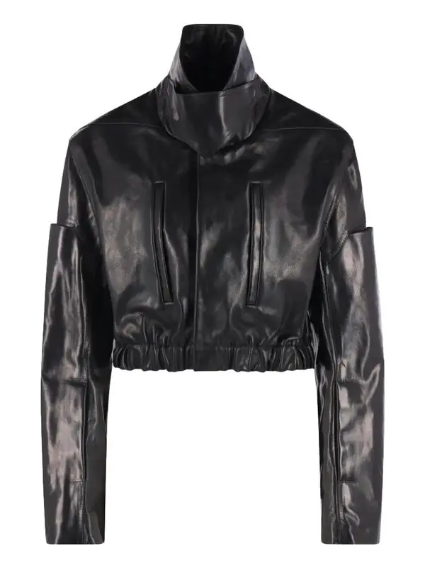 Rick Owens Stiff Leather Jacket With Removable High Collar And Drawstring Hem - Nero