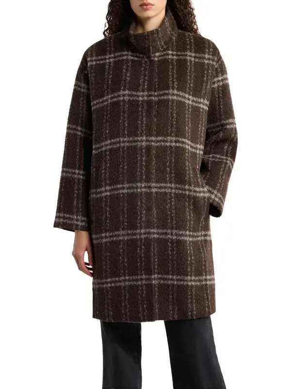 Eileen Fisher High Collar Grid Alpaca Blend Coat - Coffe