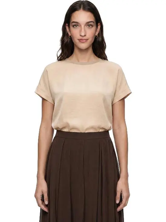 EXQUISE Short Sleeve Satin Blouse With Ribbed Round Neck - Beige