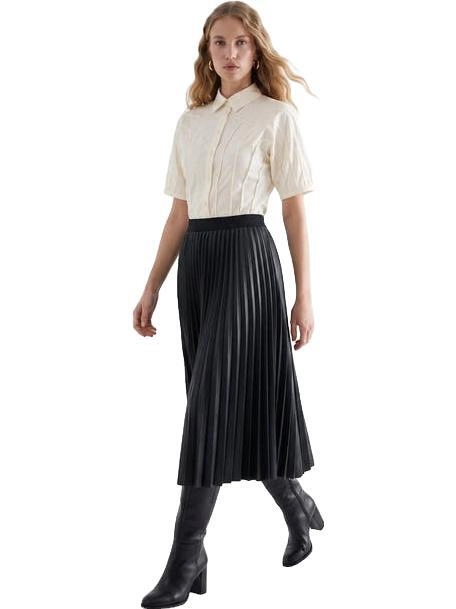 EXQUISE Pleated Faux Leather Midi Skirt With Elastic Waist - Black