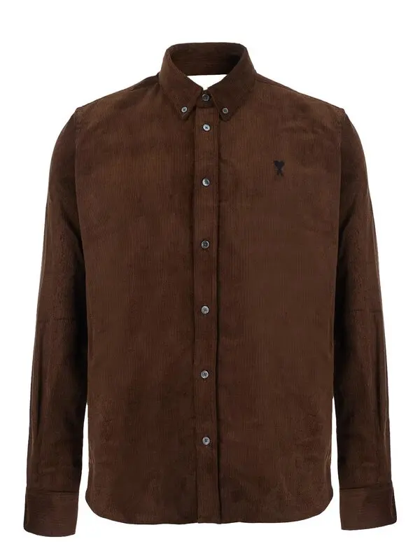 AMI Paris Brown Shirt With Button-down Collar And Adc Embroidery On The Front In Corduroy - Multicolor