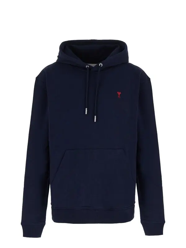 AMI Paris Blue Hoodie With Red De Cœur In Fabric - Multicolor