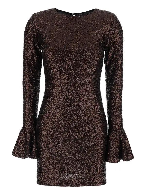 LEPLAIN Brown Dress With Round Neck And All-over Applied Sequins In Fabric For - Multicolor