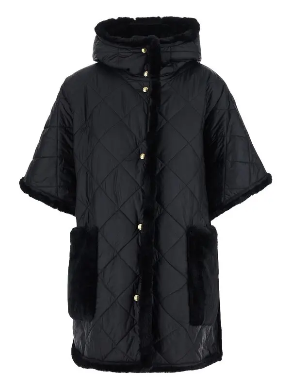 Moncler Black Hooded Cape With Logo Patch On The Sleeve In Tech Fabric For - Multicolor