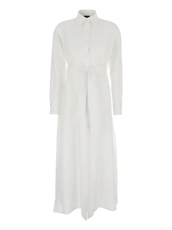 LEPLAIN Dress With Classic Collar And Adjustable Belt In Linen For - White