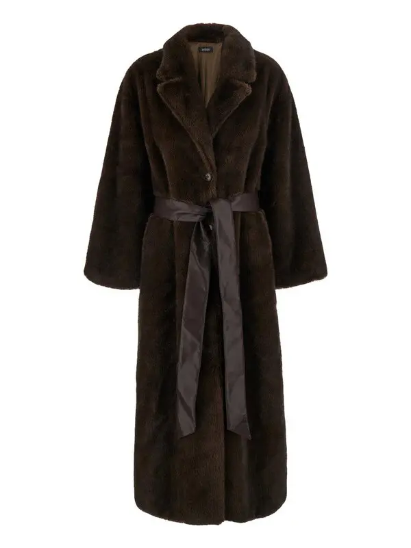 LEPLAIN Brown Long Coat With Adjustable Waist Belt In Faux Fur For - Multicolor