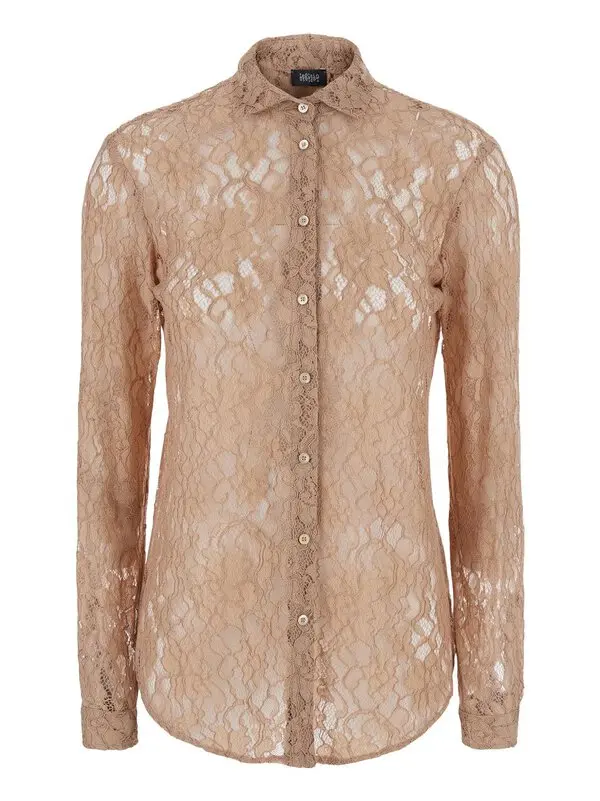LEPLAIN Beige Shirt With Classic Collar And All-over Lace Embroidery In Fabric For - Cream