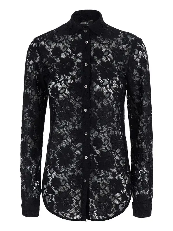 LEPLAIN Shirt With Classic Collar And All-over Lace Embroidery In Fabric For - Black