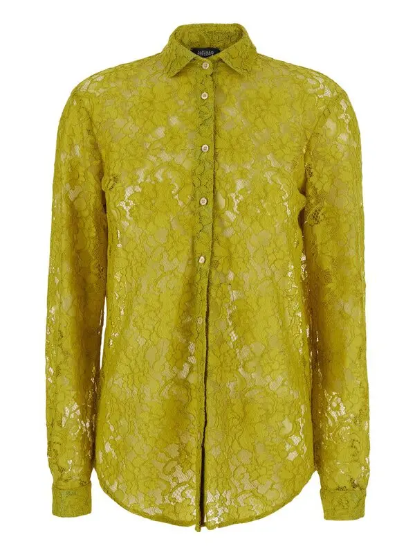 LEPLAIN Yellow Shirt With Classic Collar And All-over Lace Embroidery In Fabric For - Green