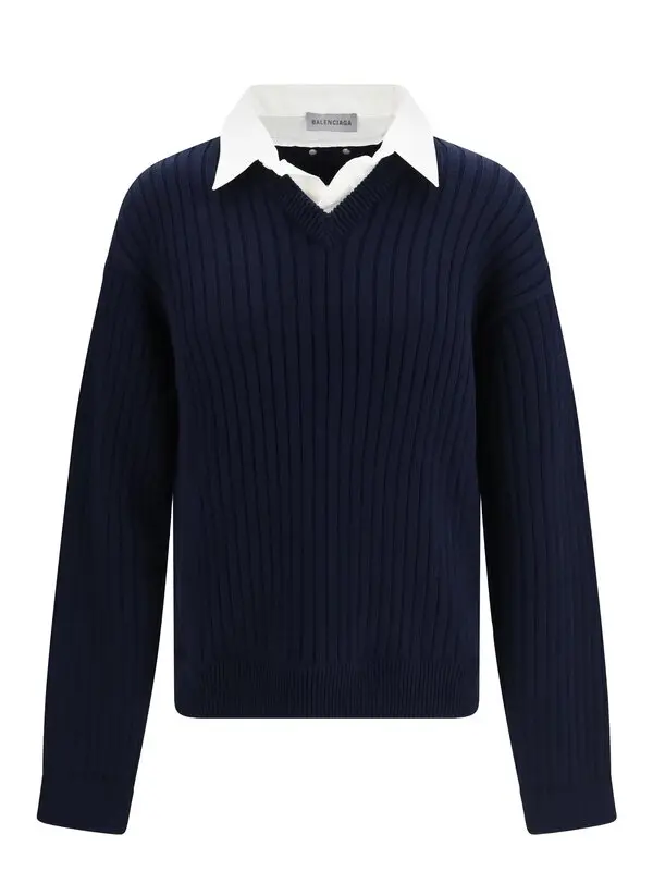 Balenciaga Cotton Sweater With Shirt Details - Blue